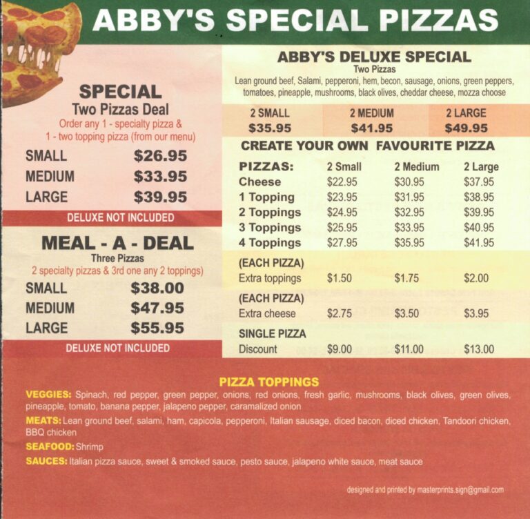 Abby Pizza Menu - Abby Pizza Place
